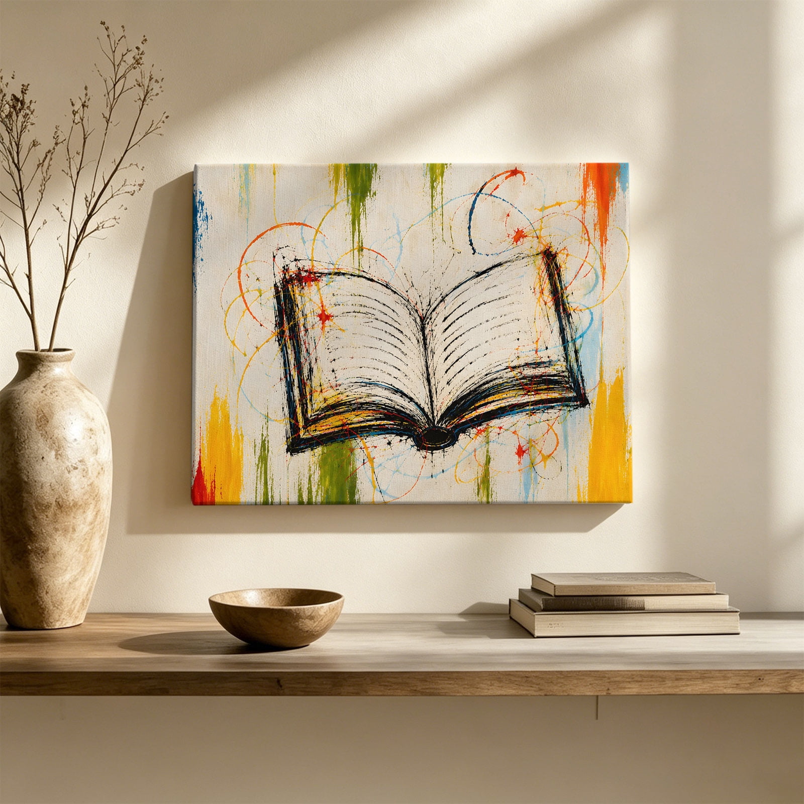 Abstract Book Pages Canvas Wall Art, Boho Vintage Art Red Blue Yellow ...