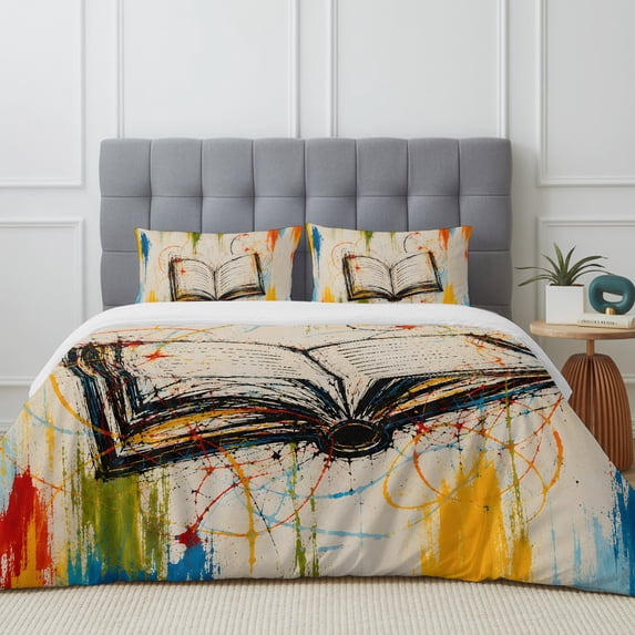 Abstract Book Pages Duvet Cover Set Queen Size, Boho Vintage Art Red ...