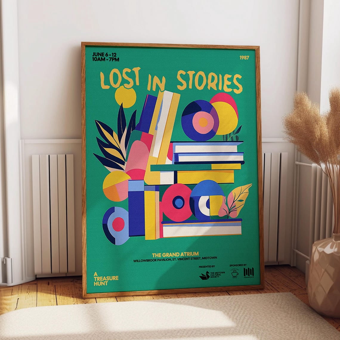 Abstract Book Stack Wall Art – Mid-Century Library Poster – Geometric ...