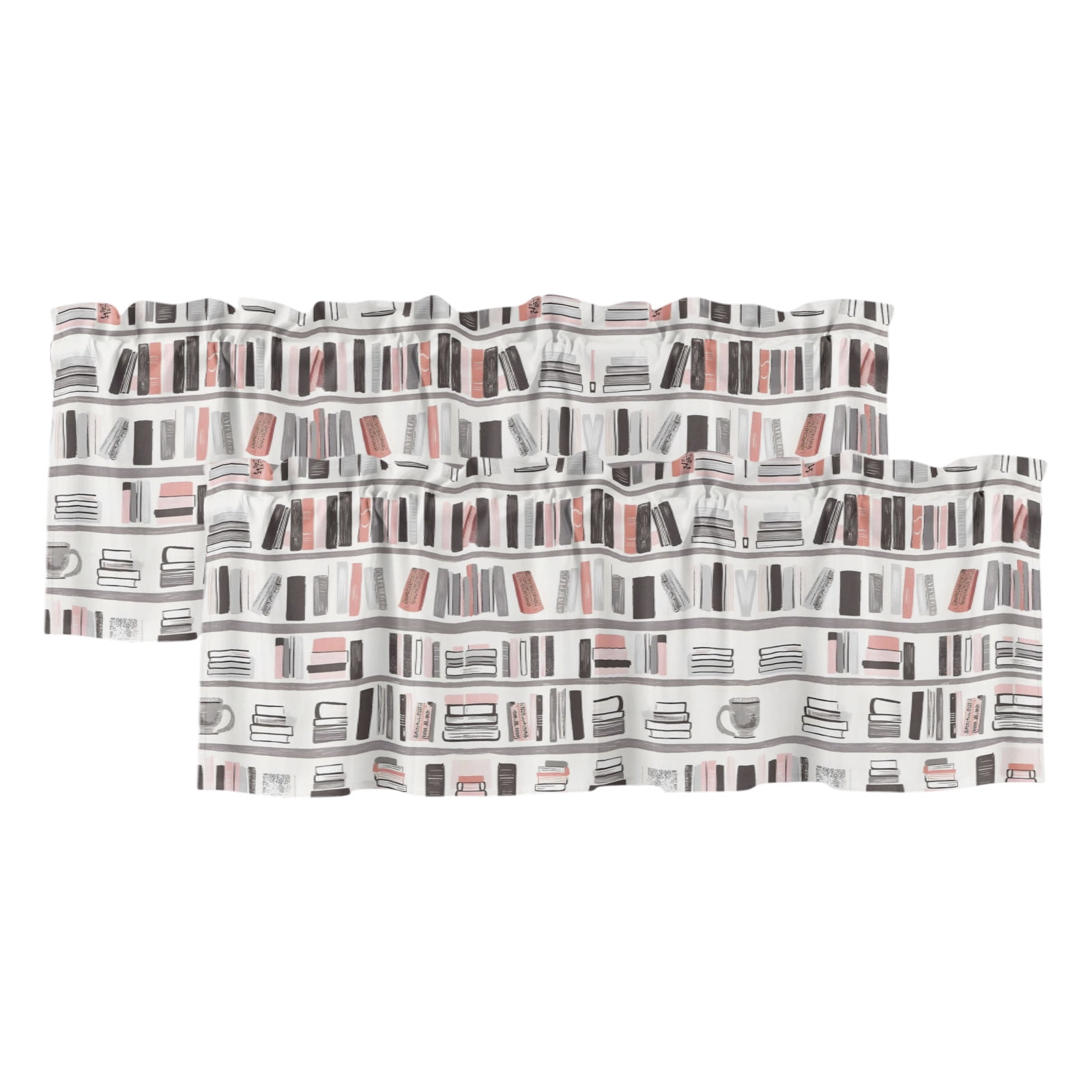 Abstract Bookshelf 2 Panels Kitchen Valance, Pink Gray Book Minimalist ...