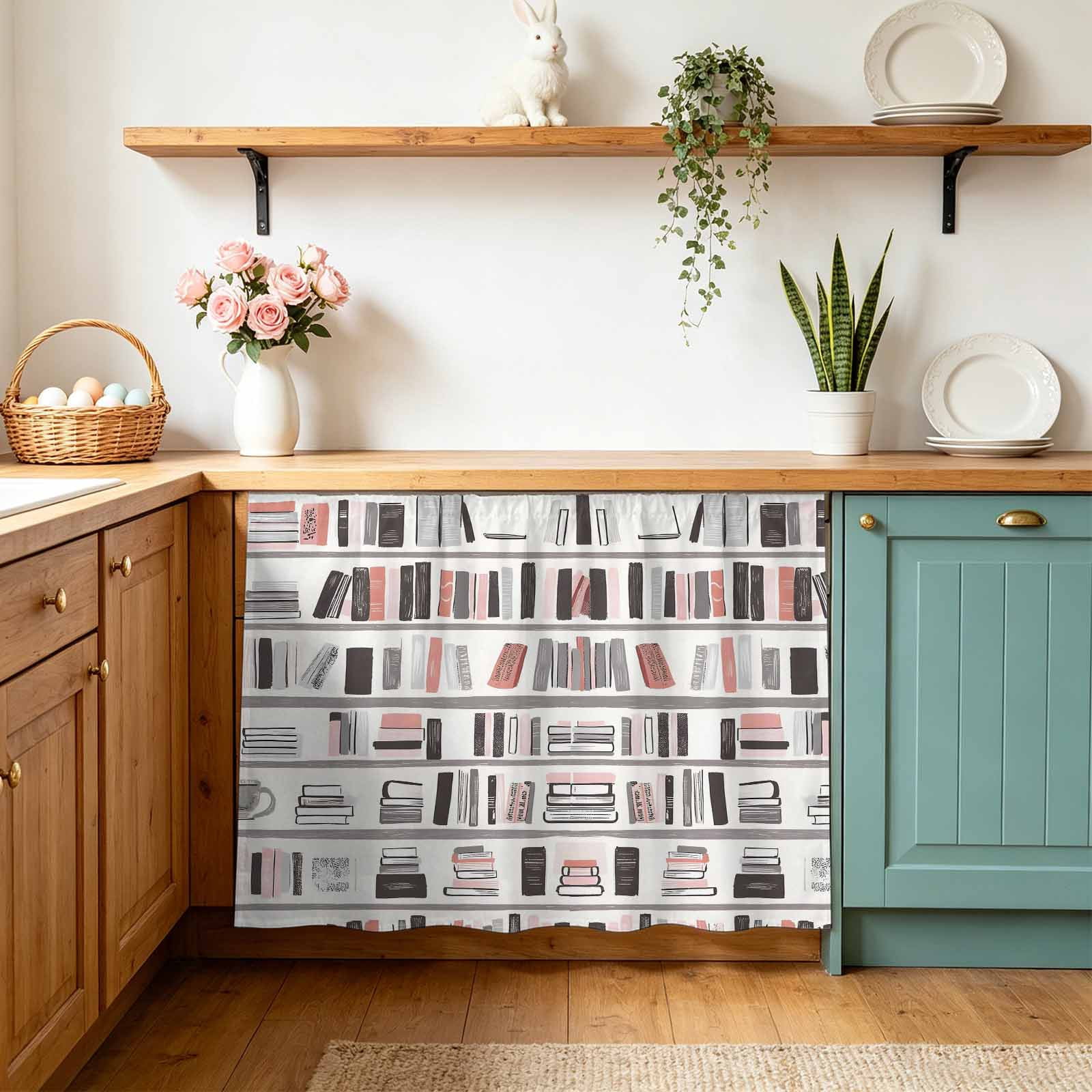 Abstract Bookshelf Cabinet Curtains 11" W x 13" L, Pink Gray Book ...