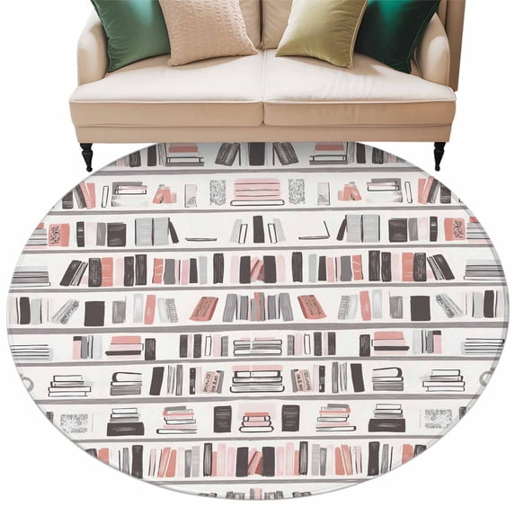 Abstract Bookshelf Round Rug 8ft Washable Circle Rugs Non Slip Modern ...