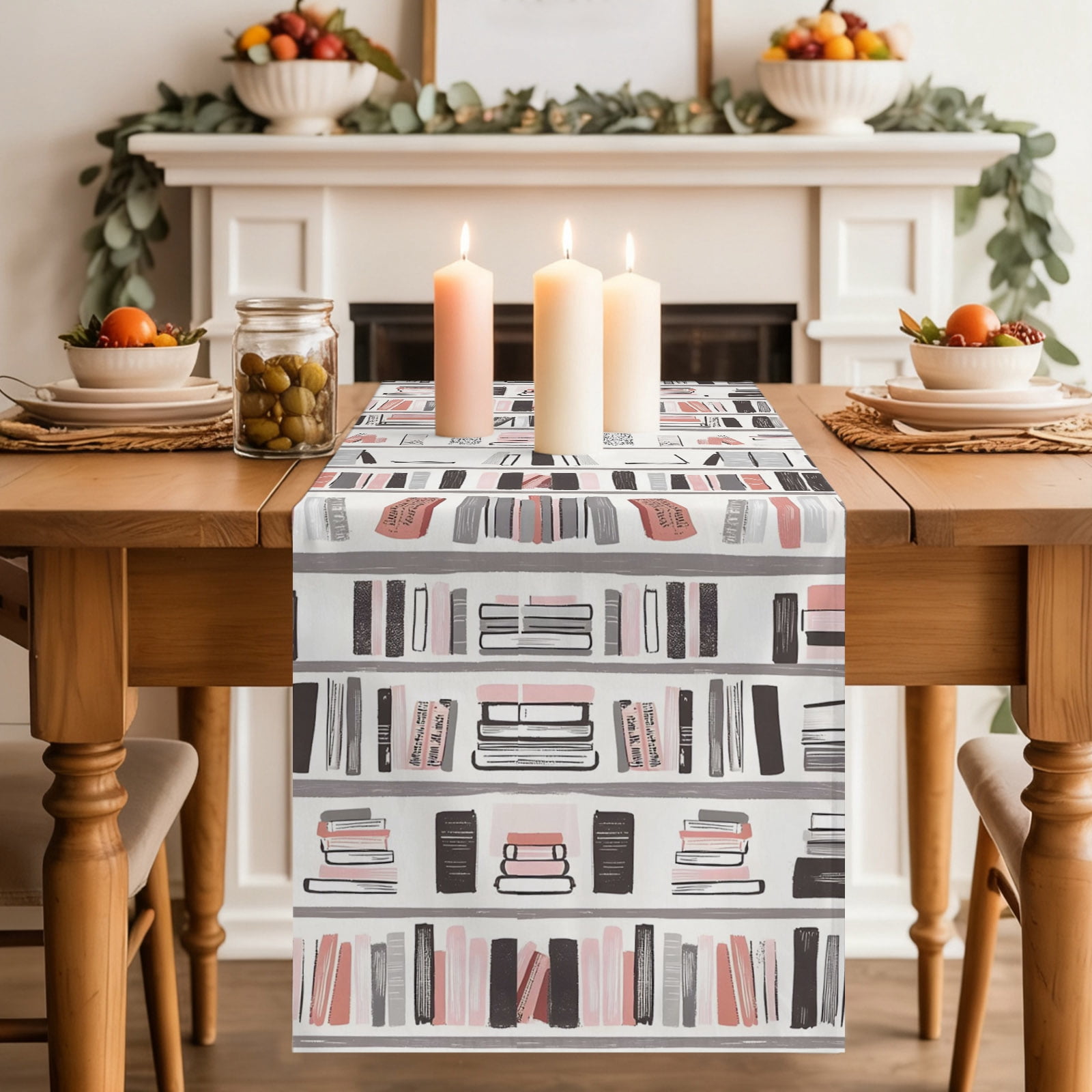Abstract Bookshelf Table Runner 14x72 Inch Pink Gray Book Minimalist ...