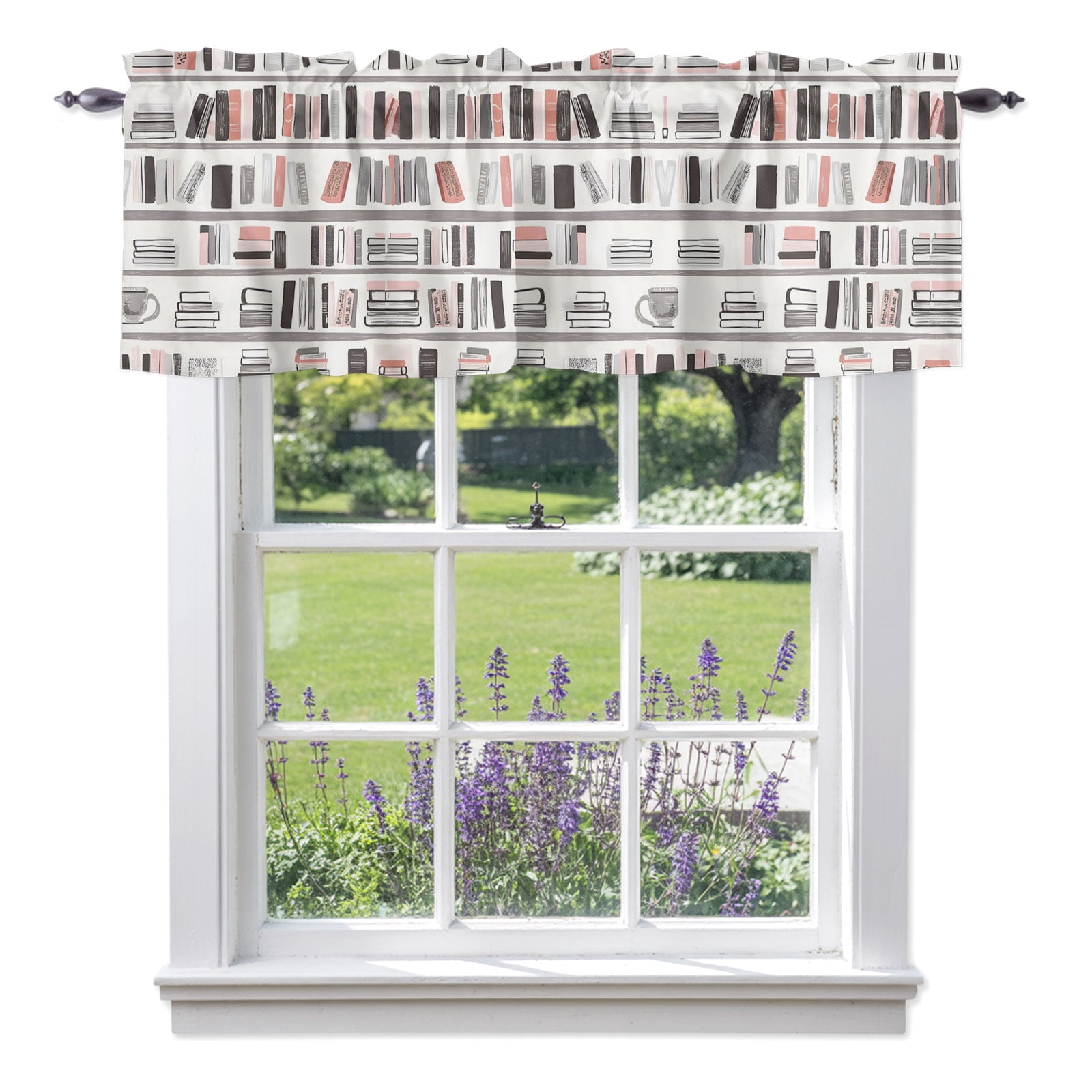 Abstract Bookshelf Valances for Windows, Pink Gray Book Minimalist Art ...