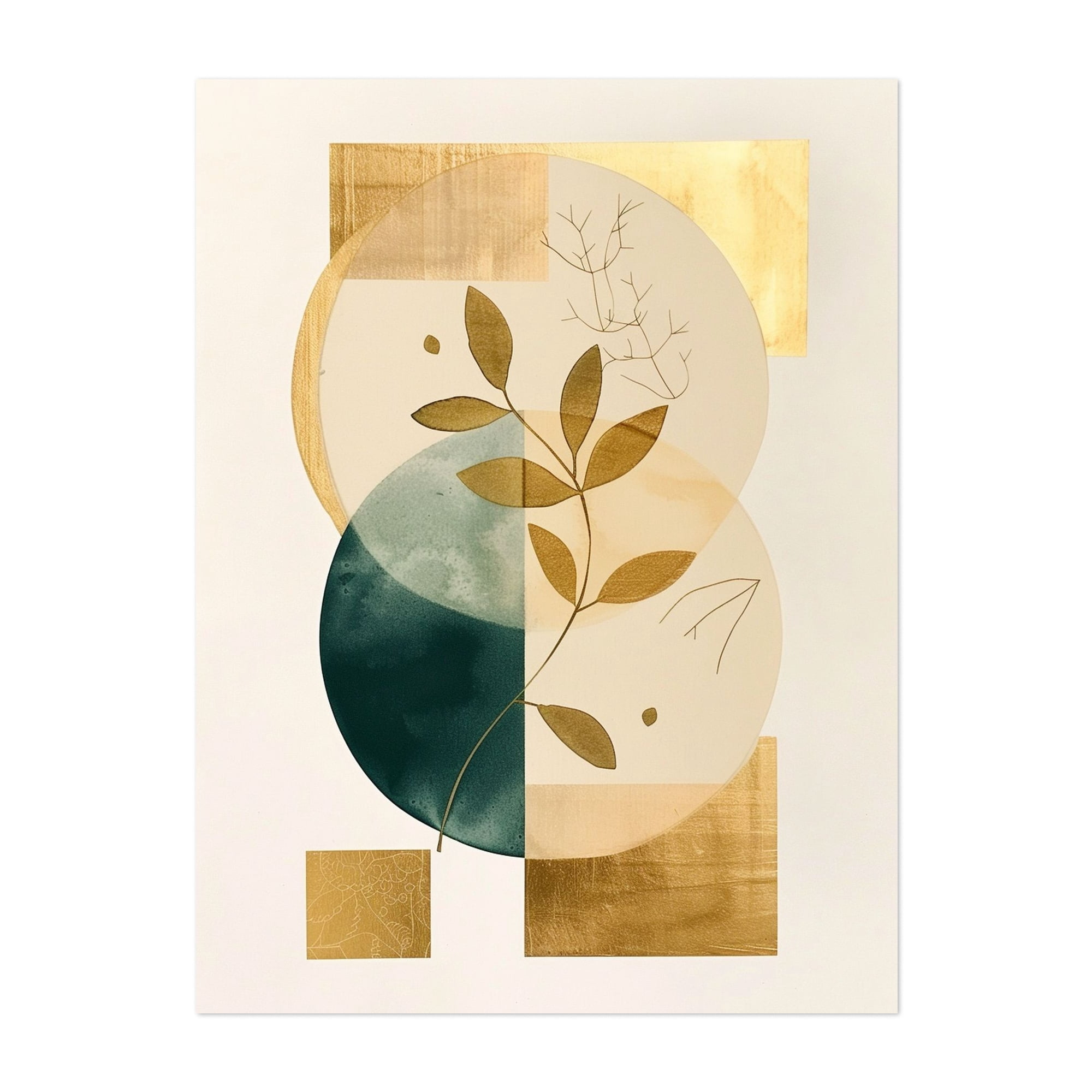 Abstract Botanical Art with Gold Leaf Accents and Teal Watercolor ...