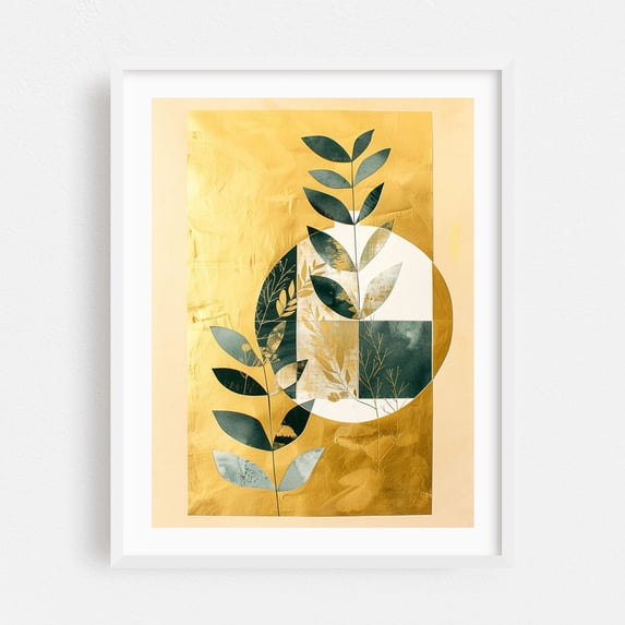 Abstract Botanical Art with Gold Leaf and Teal Leaves - Illustration ...