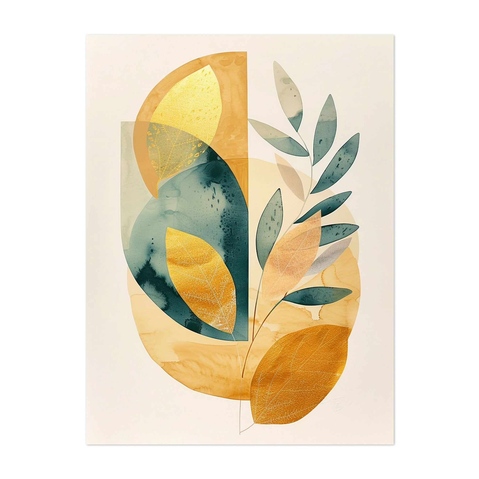 Abstract Botanical Art with Gold Leaf and Teal Watercolor Textures ...