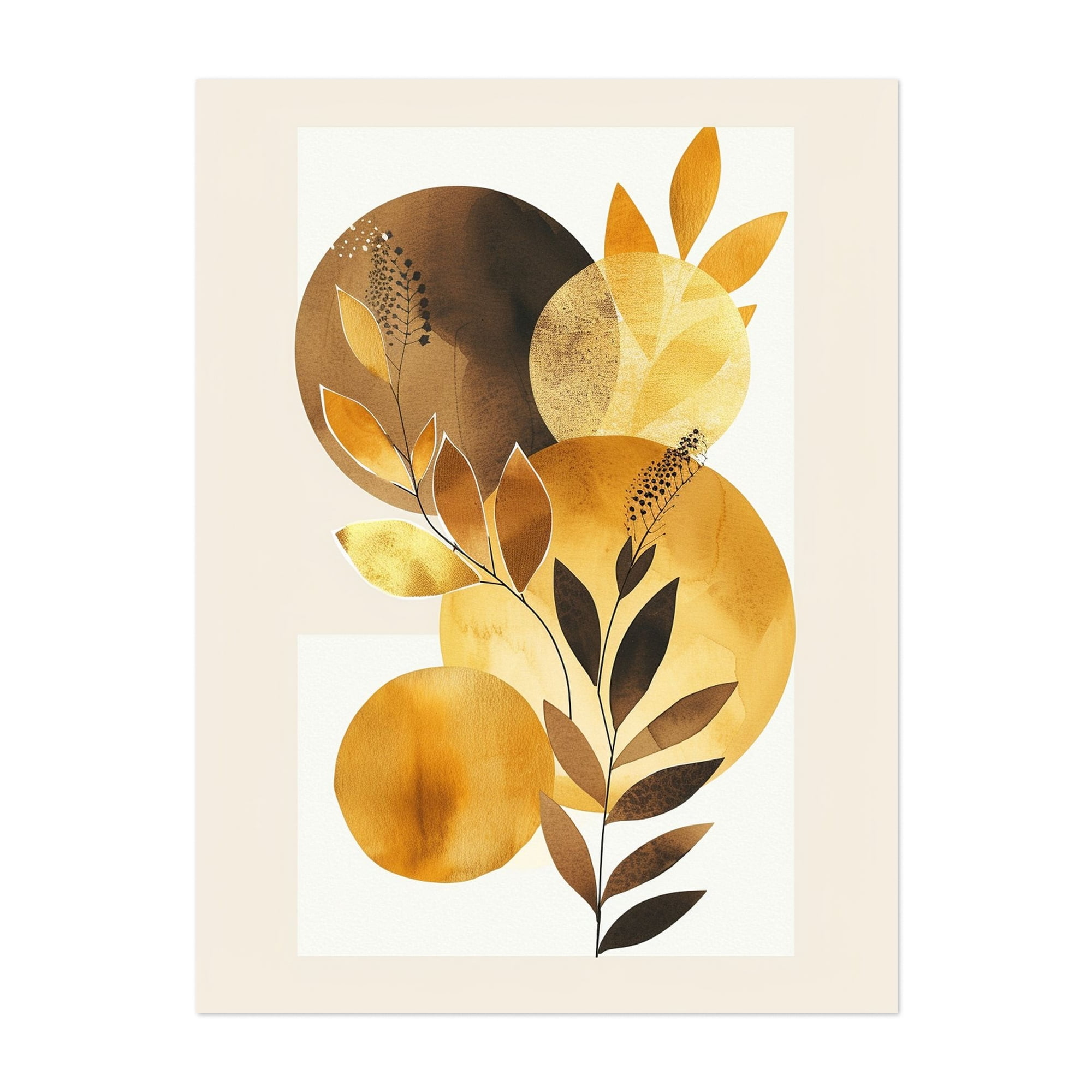 Abstract Botanical Art with Golden Circles and Earthy Tones ...