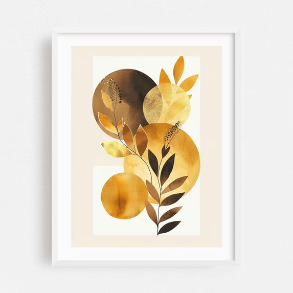 Abstract Botanical Art with Golden Circles and Earthy Tones ...