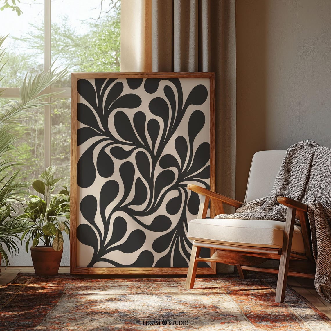 Abstract Botanical Black And Beige Printable Wall Art, Mid Century ...