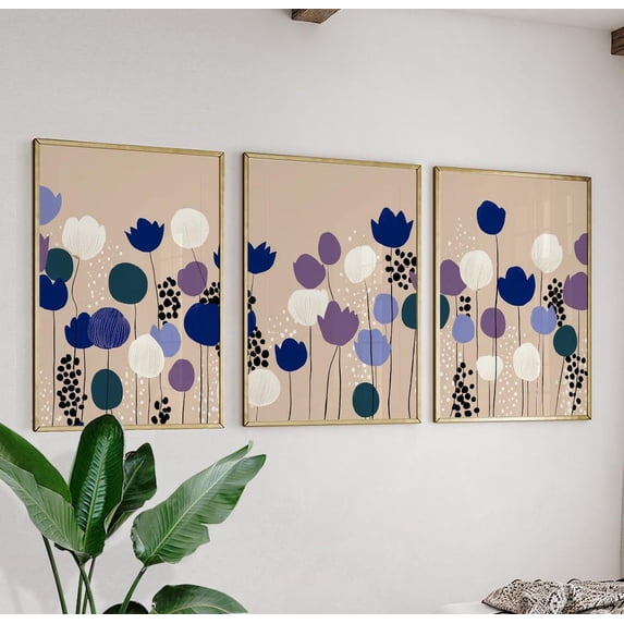 Abstract Botanical Blue Purple Beige Floral Triptych Set 3 Unframed ...