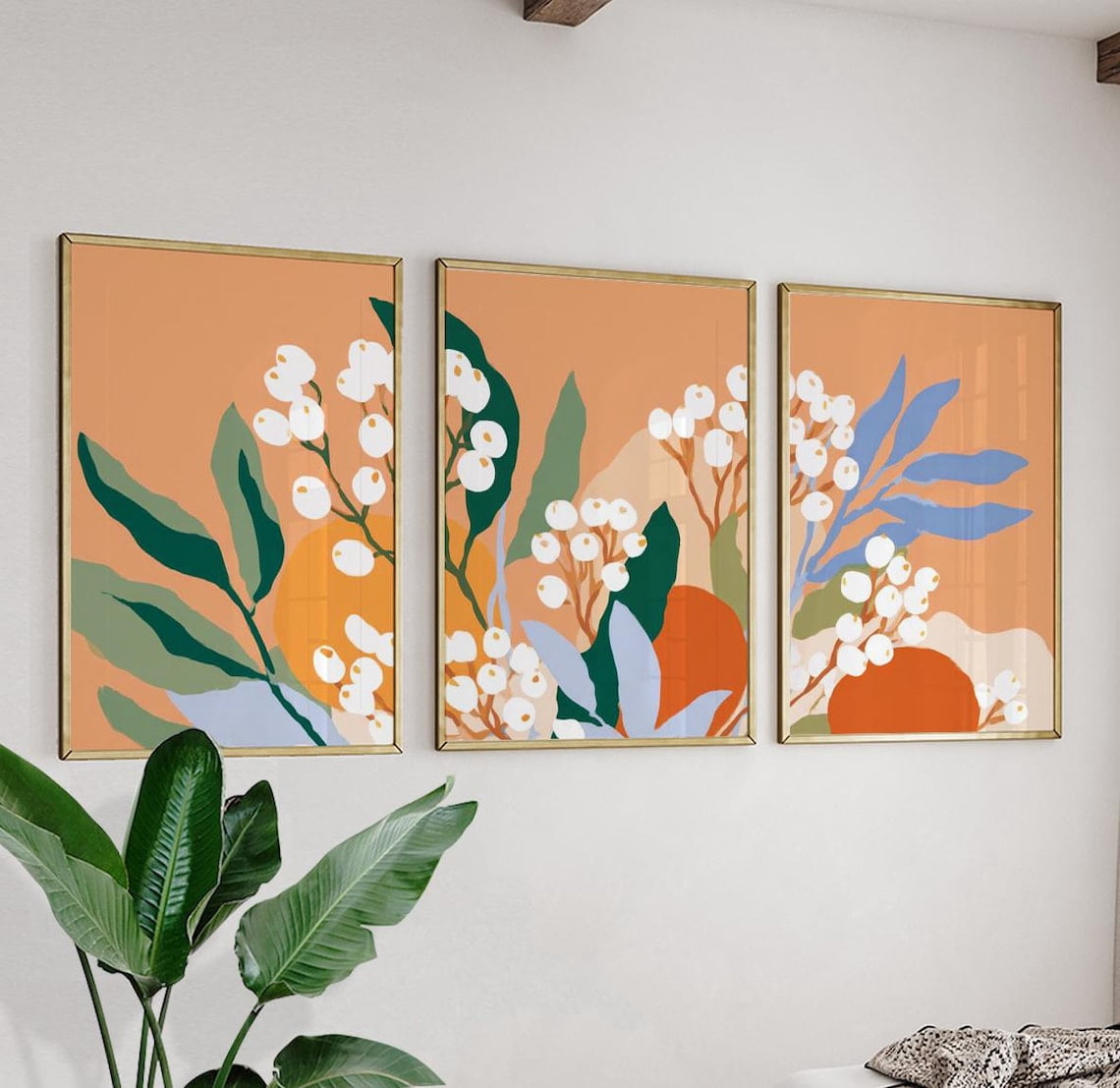 Abstract Botanical Floral Terracotta Green Modern Set 3 Unframed Paper ...