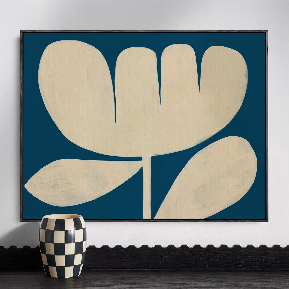 Abstract Botanical Flower Teal Blue Cream Minimalist Wall Art, Unframed ...