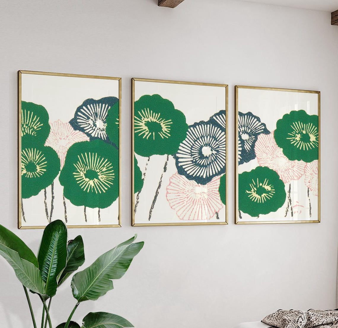 Abstract Botanical Green Floral Modern Minimalist Triptych Set 3 ...