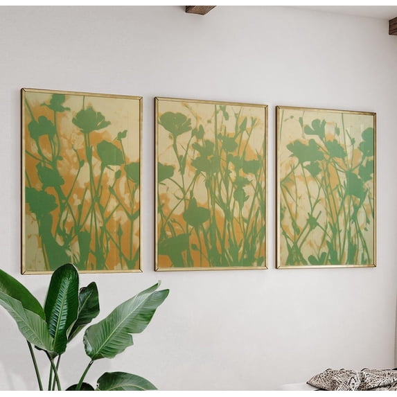 Abstract Botanical Green Neutral Floral Wall Art Set 3 Unframed Paper ...