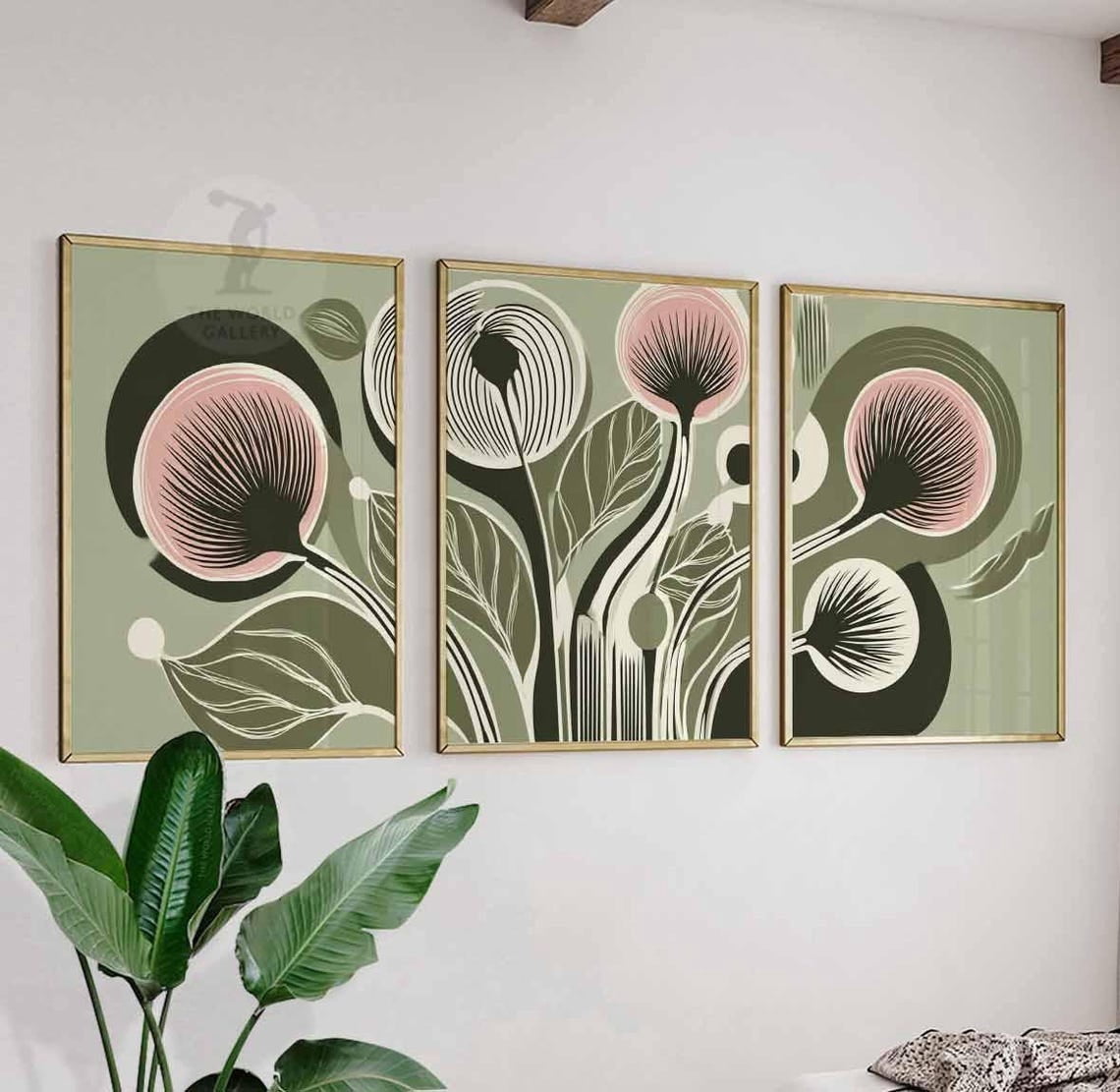 Abstract Botanical Green Pink Art Set 3 Unframed Paper Print 20x30 ...