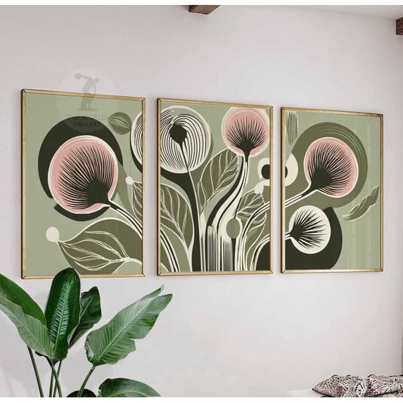 Abstract Botanical Green Pink Art Set 3 Unframed Paper Print 20x30 ...
