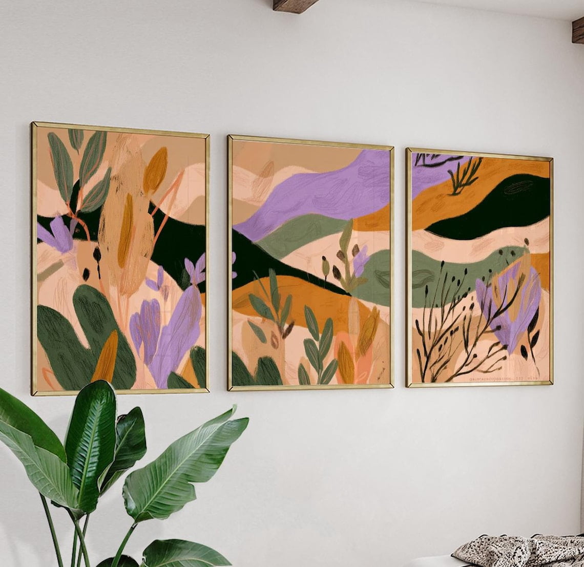 Abstract Botanical Landscape Green Purple Nature Wall Art Modern Set 3 ...