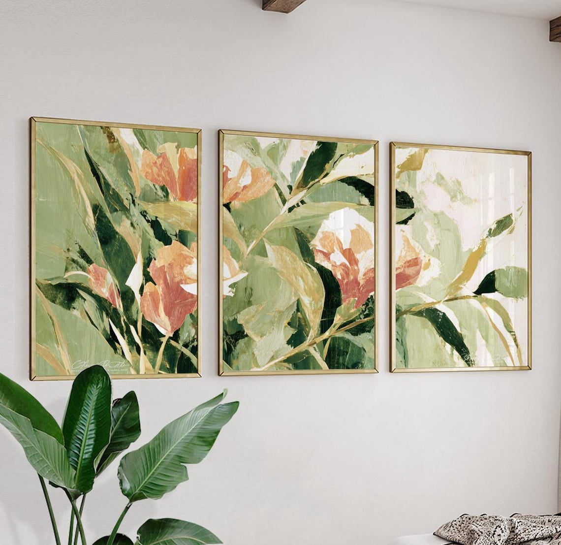 Abstract Botanical Leaf Green Peach Wall Art Modern Nature Set 3 ...