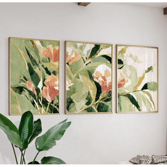 Abstract Botanical Leaf Green Peach Wall Art Modern Nature Set 3 ...