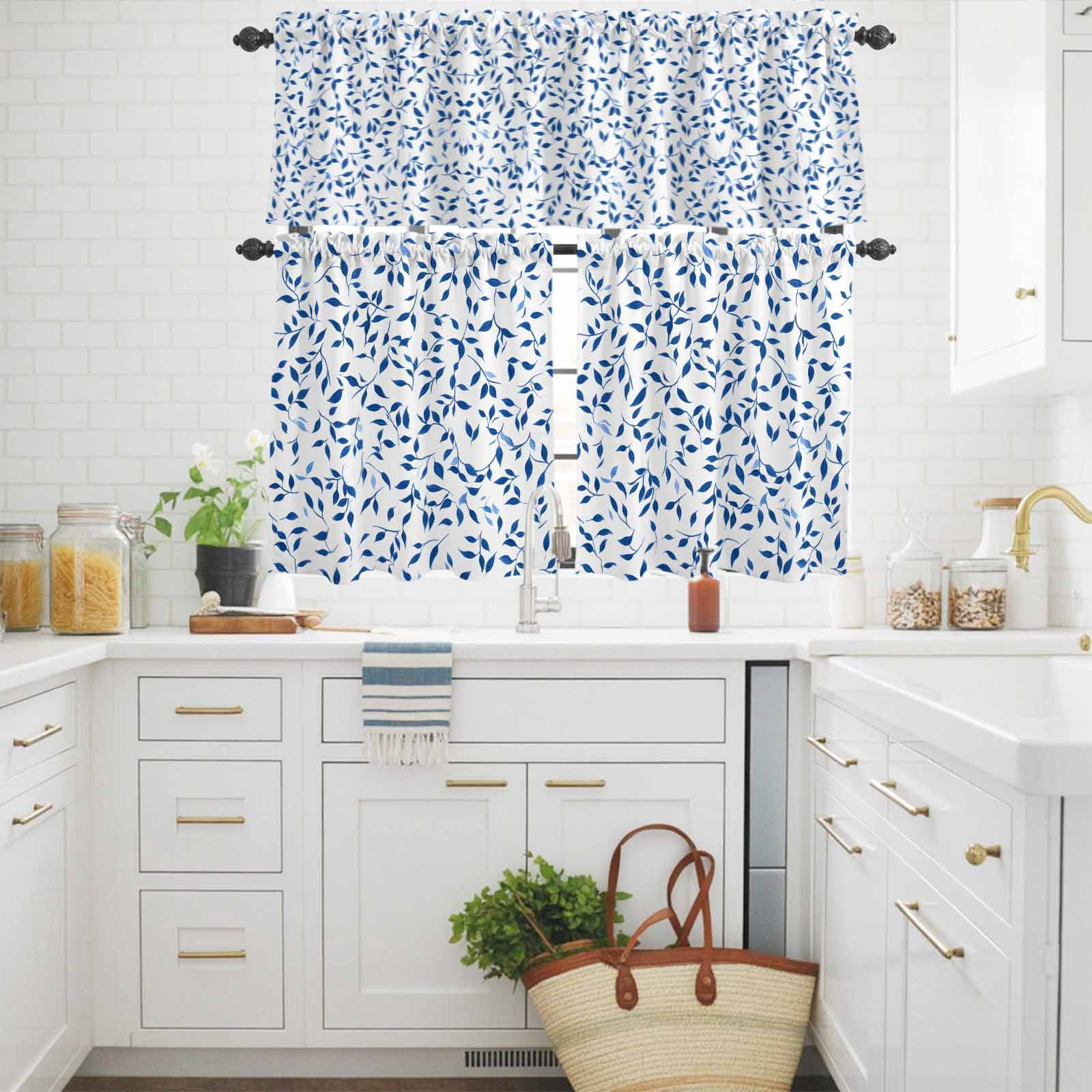 Abstract Botanical Leaves Curtain Tier and Valance Set 3 Piece,Blue ...