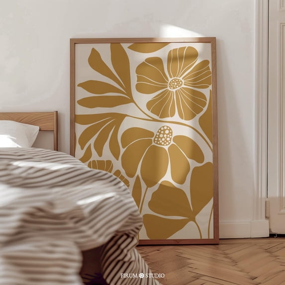 Abstract Botanical Mustard Yellow Abstract Plant Print Art Floral ...