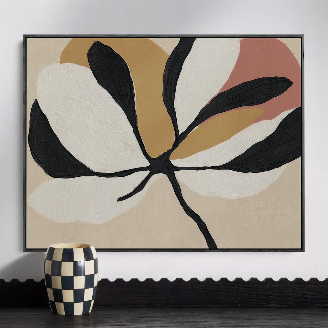 Abstract Botanical Neutral Floral Modern Beige Black Artwork, Stretched ...
