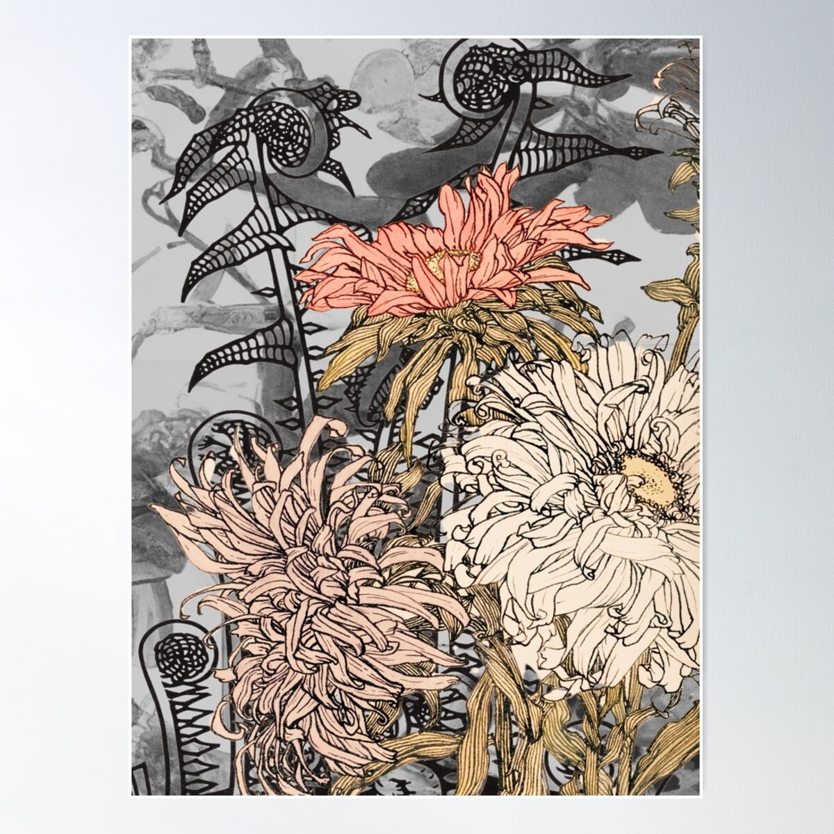 Abstract Botanical Wall Art - Fiddleheads And Dahlias, Graphite And ...