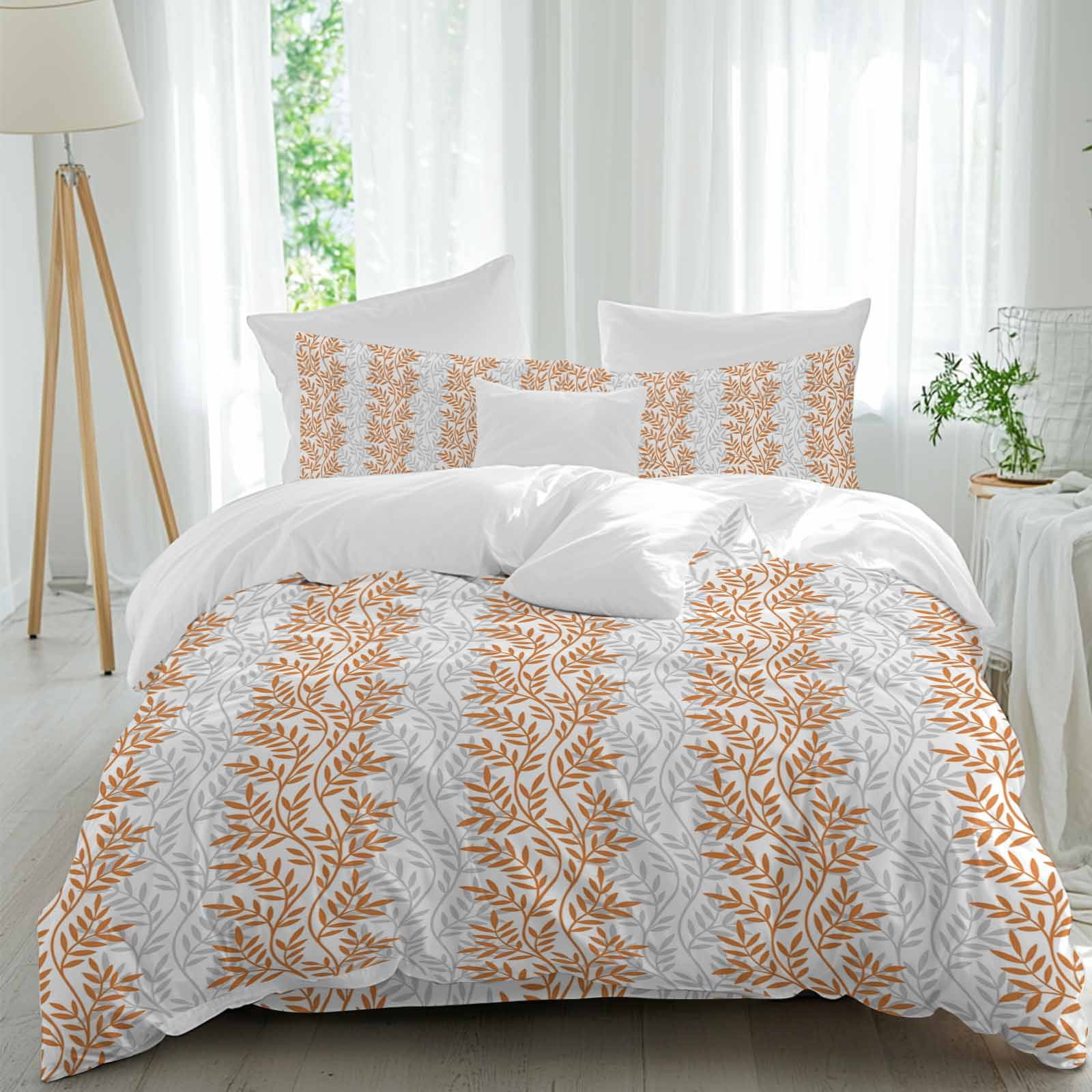 Abstract Branch 4 Piece Duvet Cover Set Queen Size Gray and Orange ...