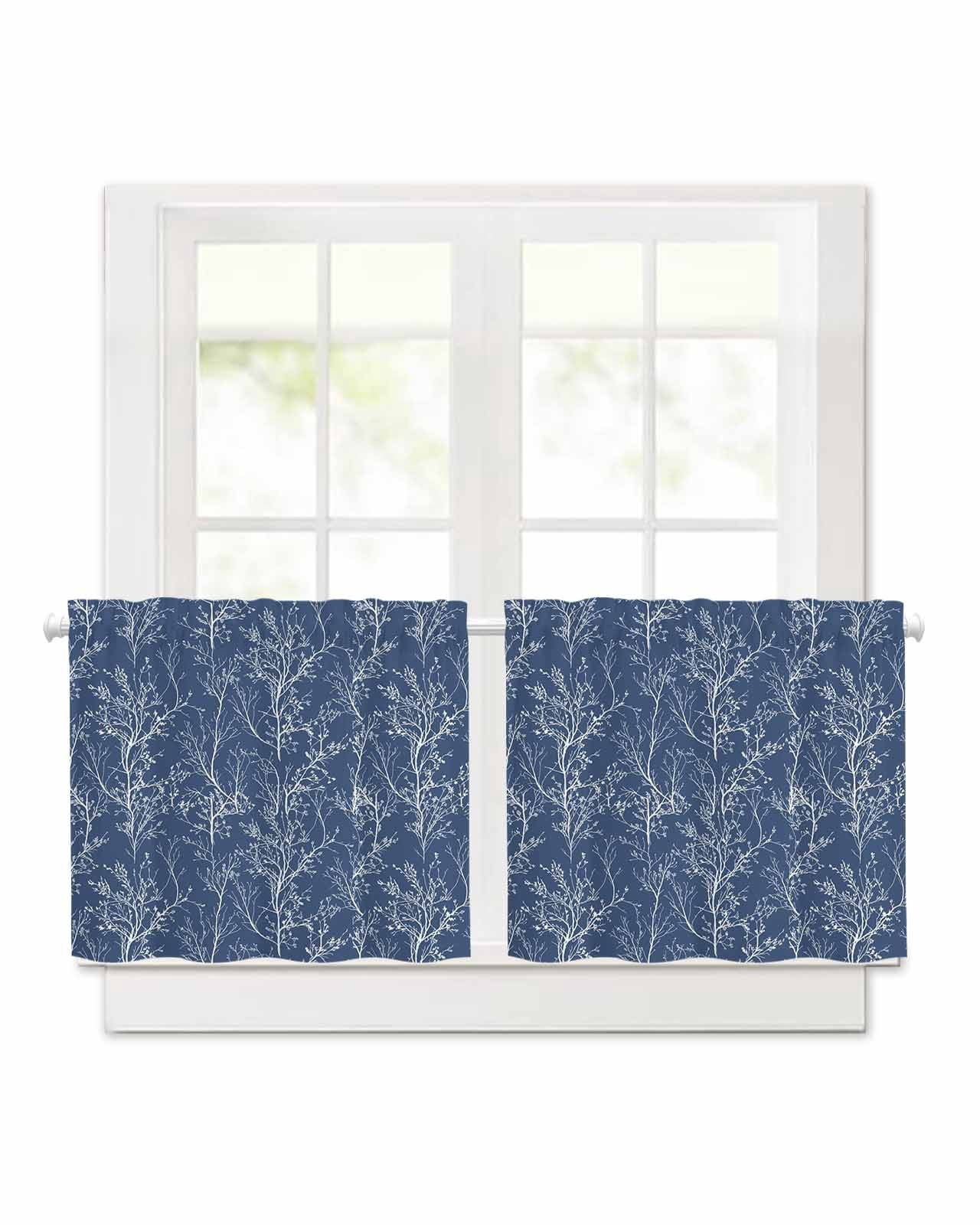 Abstract Branches Navy Blue Short Blackout Curtains 30 Inch Long,Modern ...