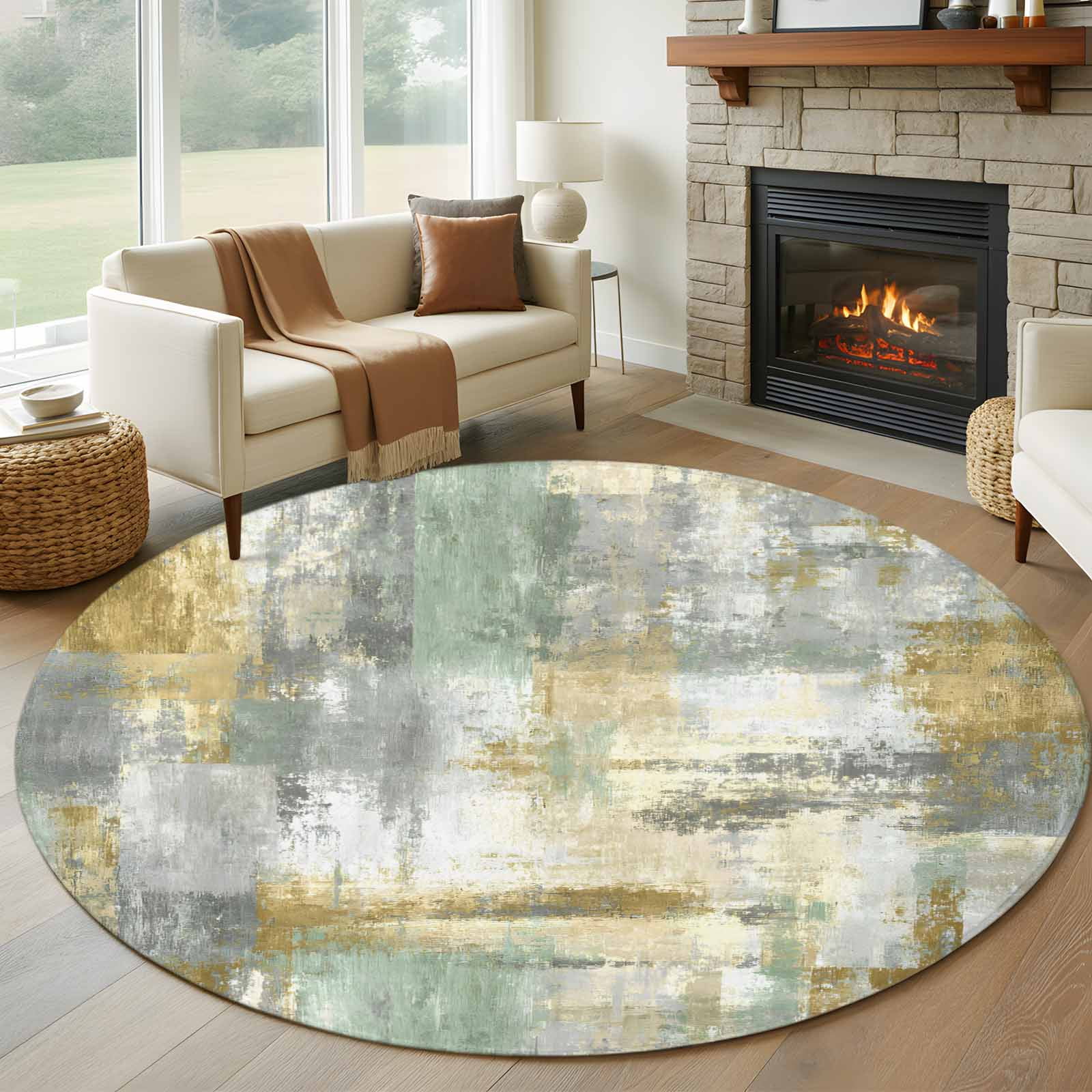 Abstract Brown Beige Art 5FT Round Area Rugs for Living Room Vintage ...