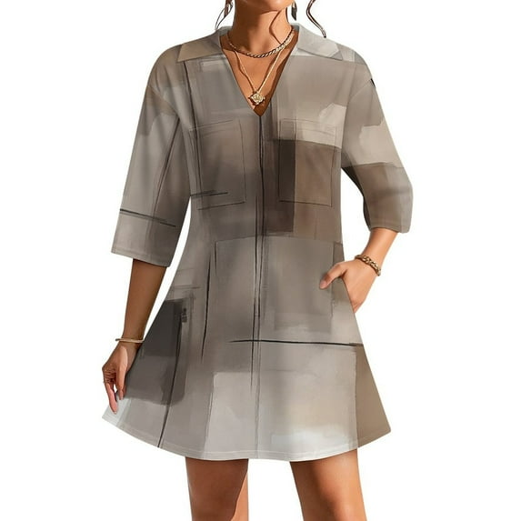 Abstract Brown Beige Artwork Womens Dress With Pockets Summer V Neck 3/ ...