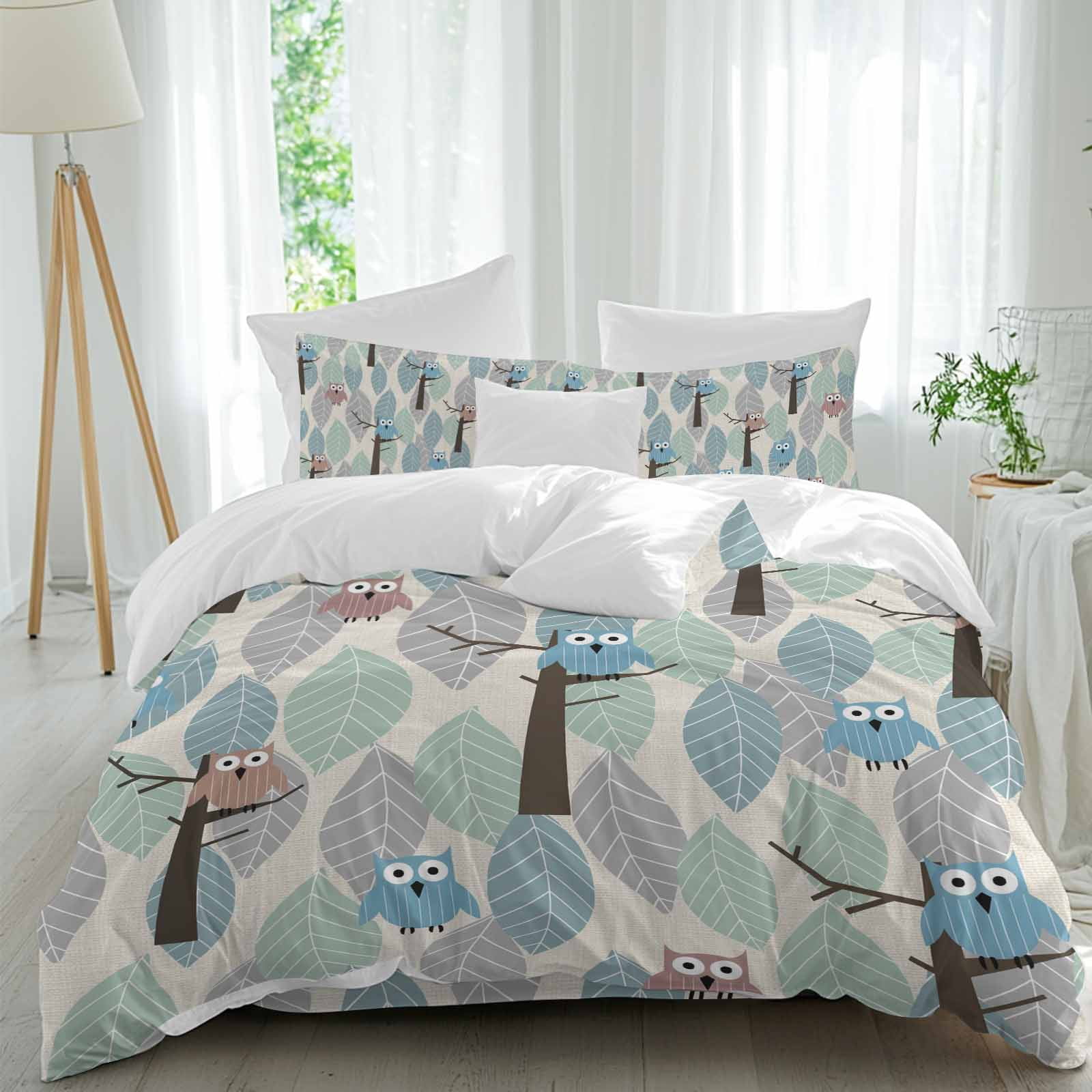 Abstract Brown Blue Eagle Queen Size Bed Set,Retro Green Leaves Bedding ...