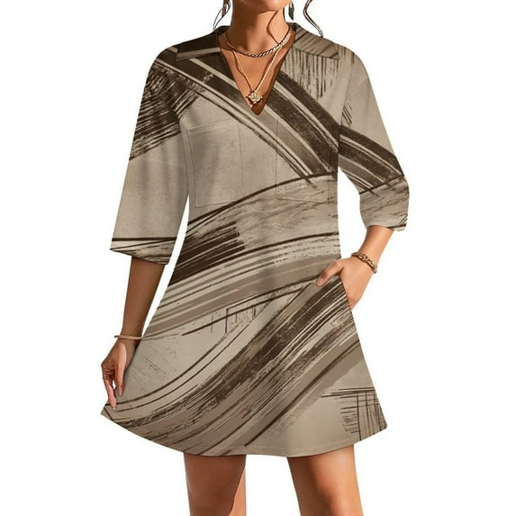 Abstract Brown Brushstrokes Artwork Womens Dress With Pockets Summer V ...