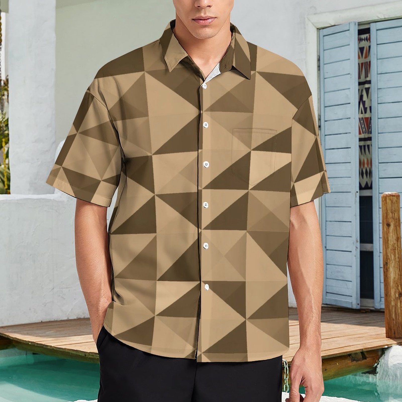 Abstract Brown Geometric Triangle Pattern Male Retro Print Casual ...