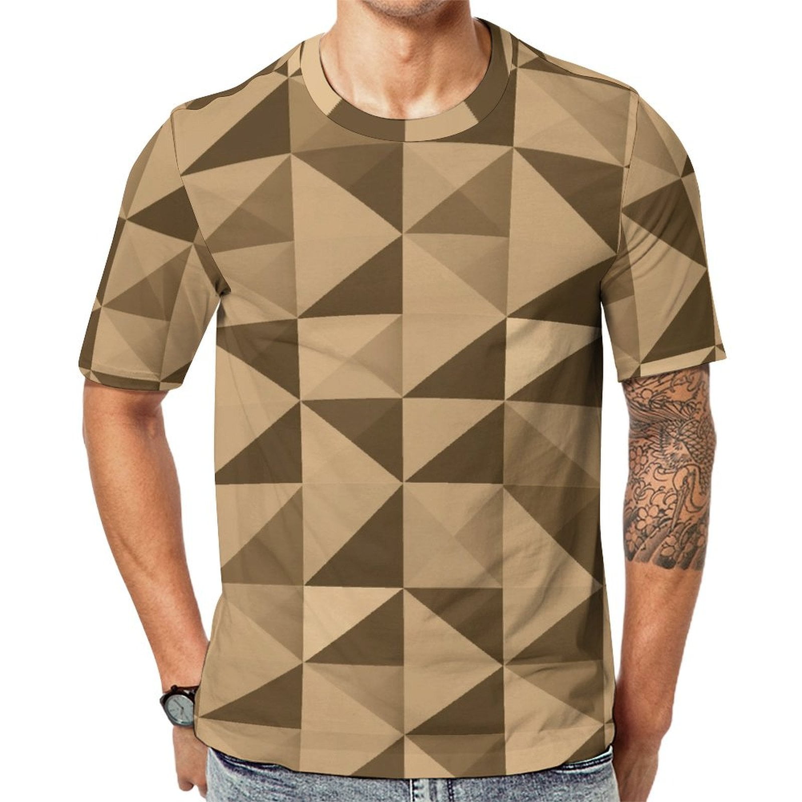 Abstract Brown Geometric Triangle Pattern T Shirt For Men Summer Casual ...