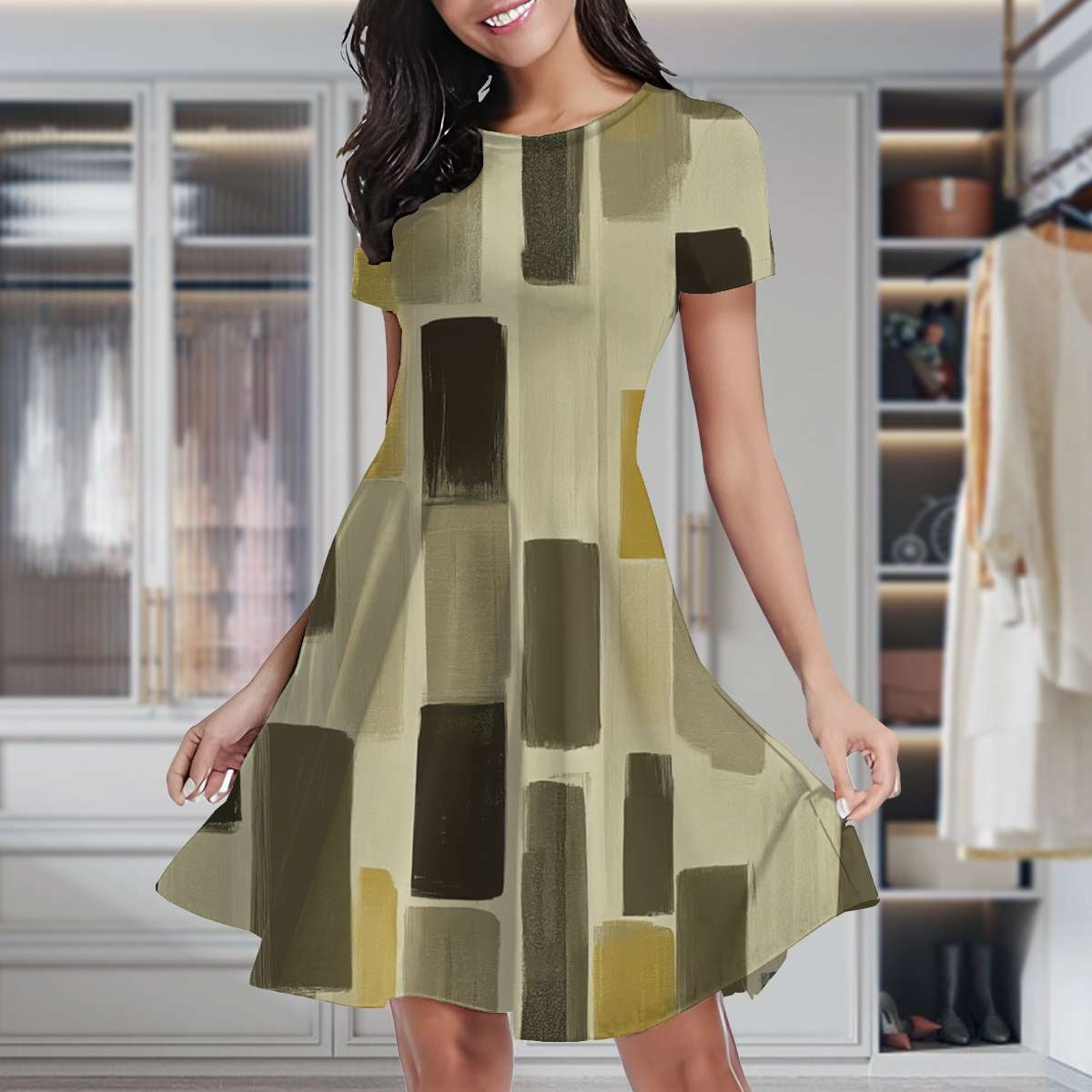 Abstract Brown Gold Rectangles Art Women's Classic Swing Skater Dress Casual Work Party Cocktail ...