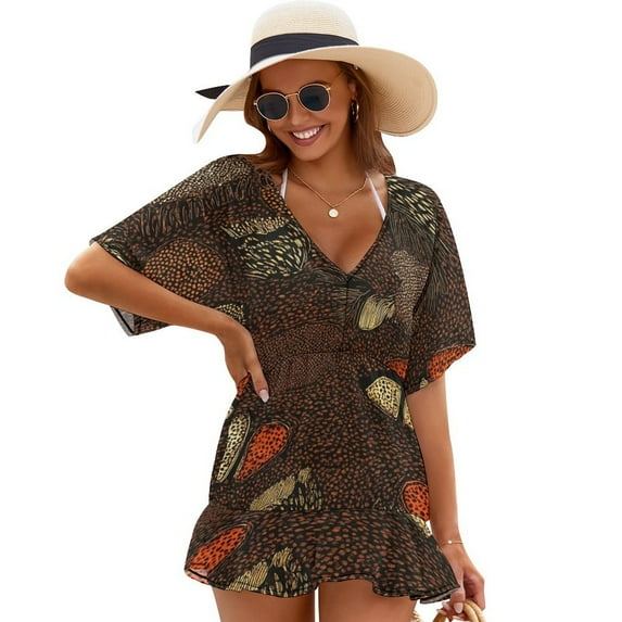 Abstract Brown Gold Textile Pattern Beach Cover Ups Women V Neck Short ...