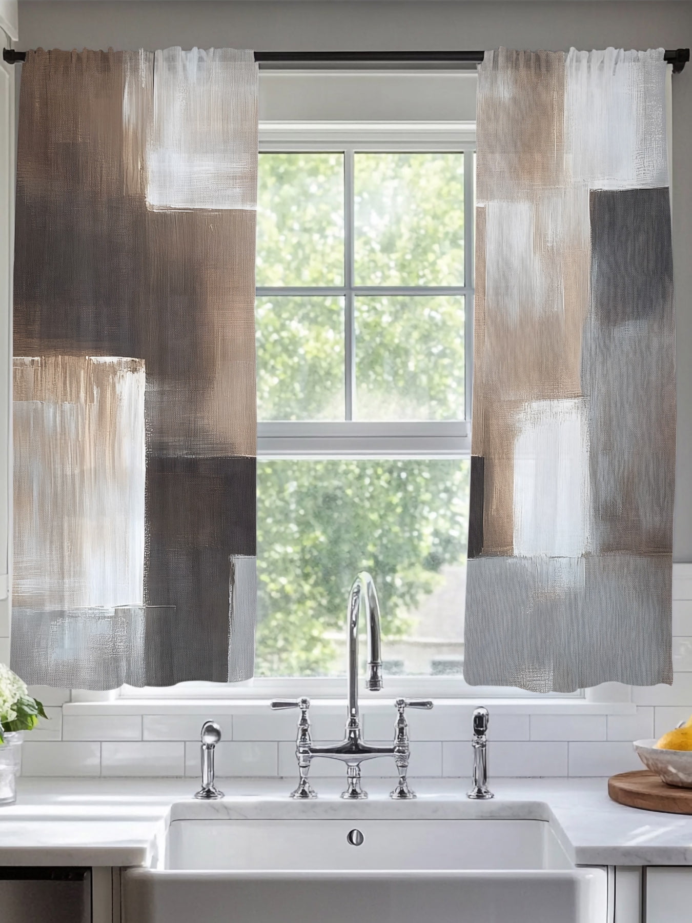 Abstract Brown Gray Color Block Chiffon Sheer Curtains 72 Inches Long ...