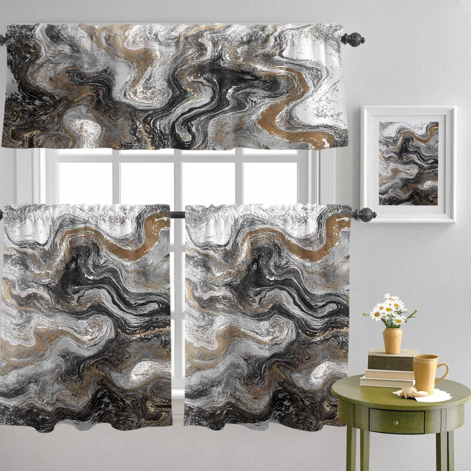 Abstract Brown Gray Marble Curtain Tier and Valance Set 3 Piece, Modern ...