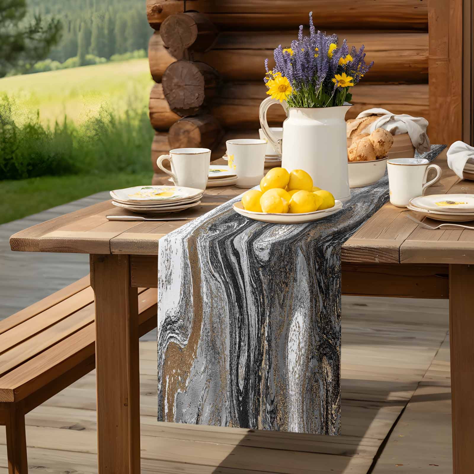 Abstract Brown Gray Marble Table Runner 72 Inch Long Modern Watercolor ...