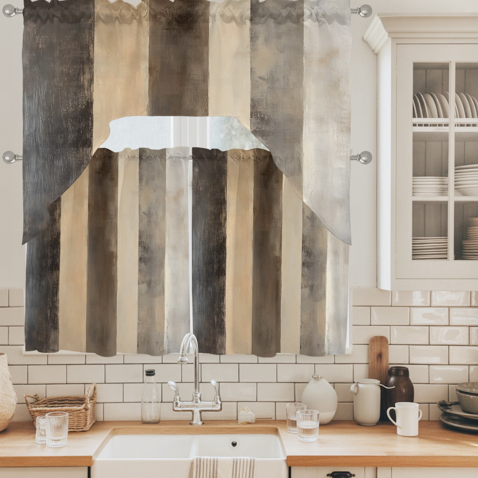 Abstract Brown Gray Stripes Swag Curtains Valance and Tier Set, Modern ...