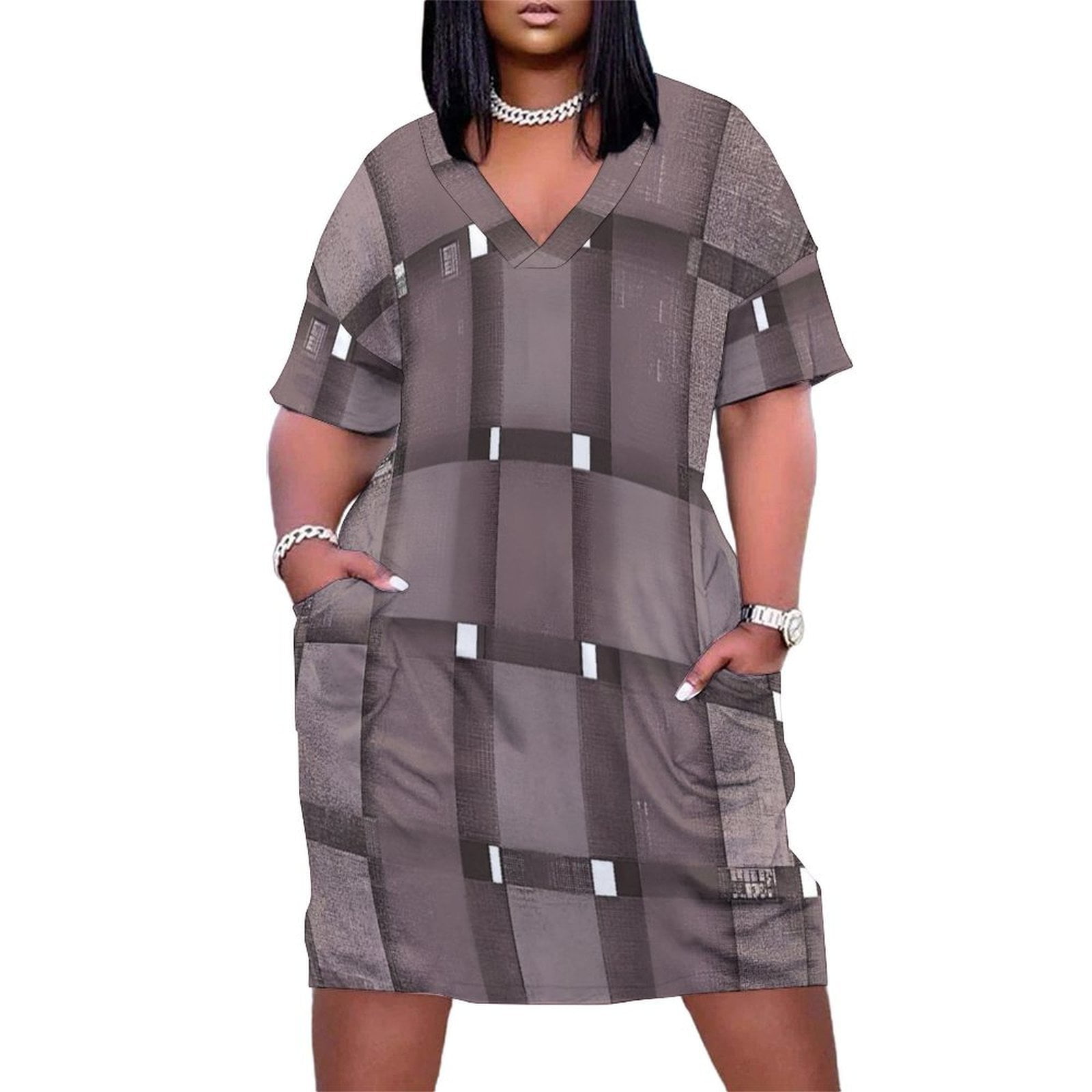 Abstract Brown Grid Pattern Loose Pocket Dress Dresses Summer Summer ...