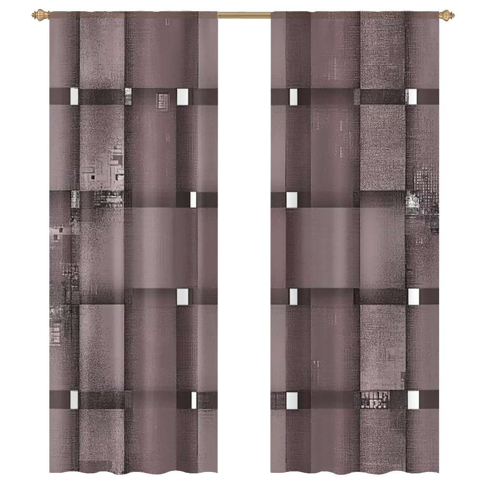 Abstract Brown Grid Pattern Sheer Voile Curtain Window Tulle Curtains ...