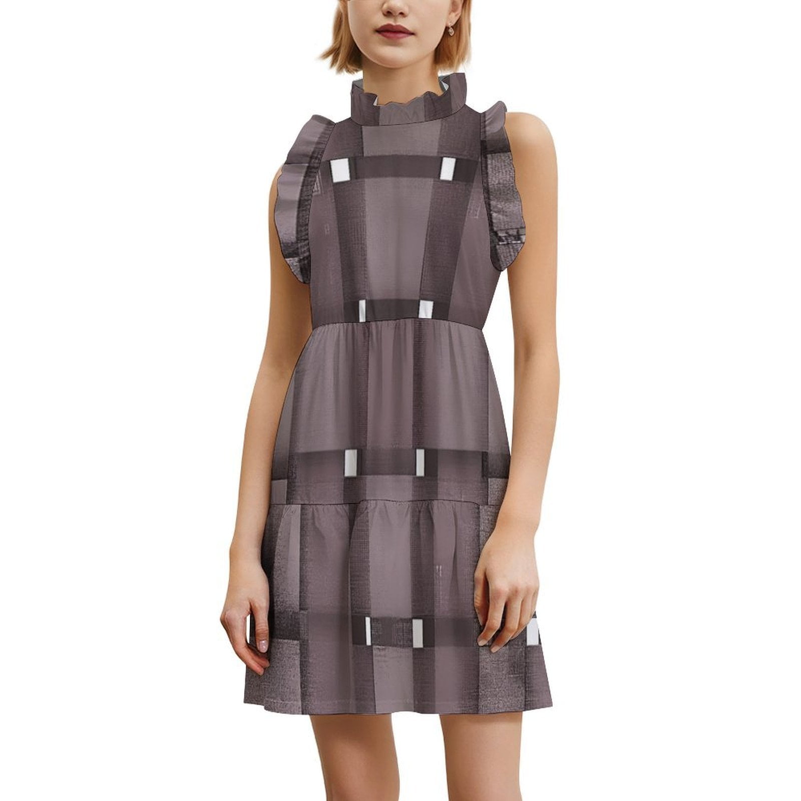 Abstract Brown Grid Pattern Women's Fashion Casual Dress Summer Stand ...