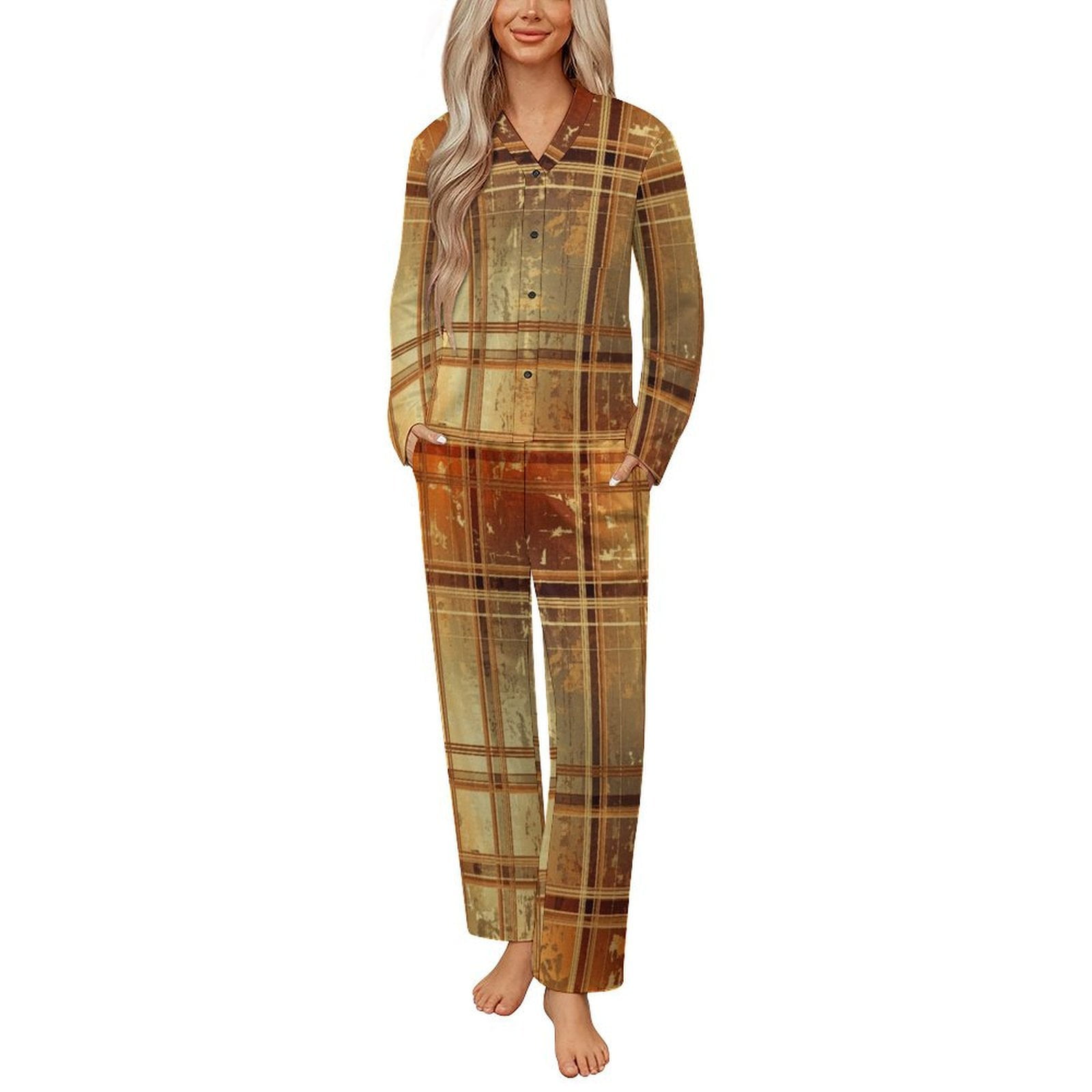 Abstract Brown Grid Textured Background Womens Pyjamas Set Button Up ...