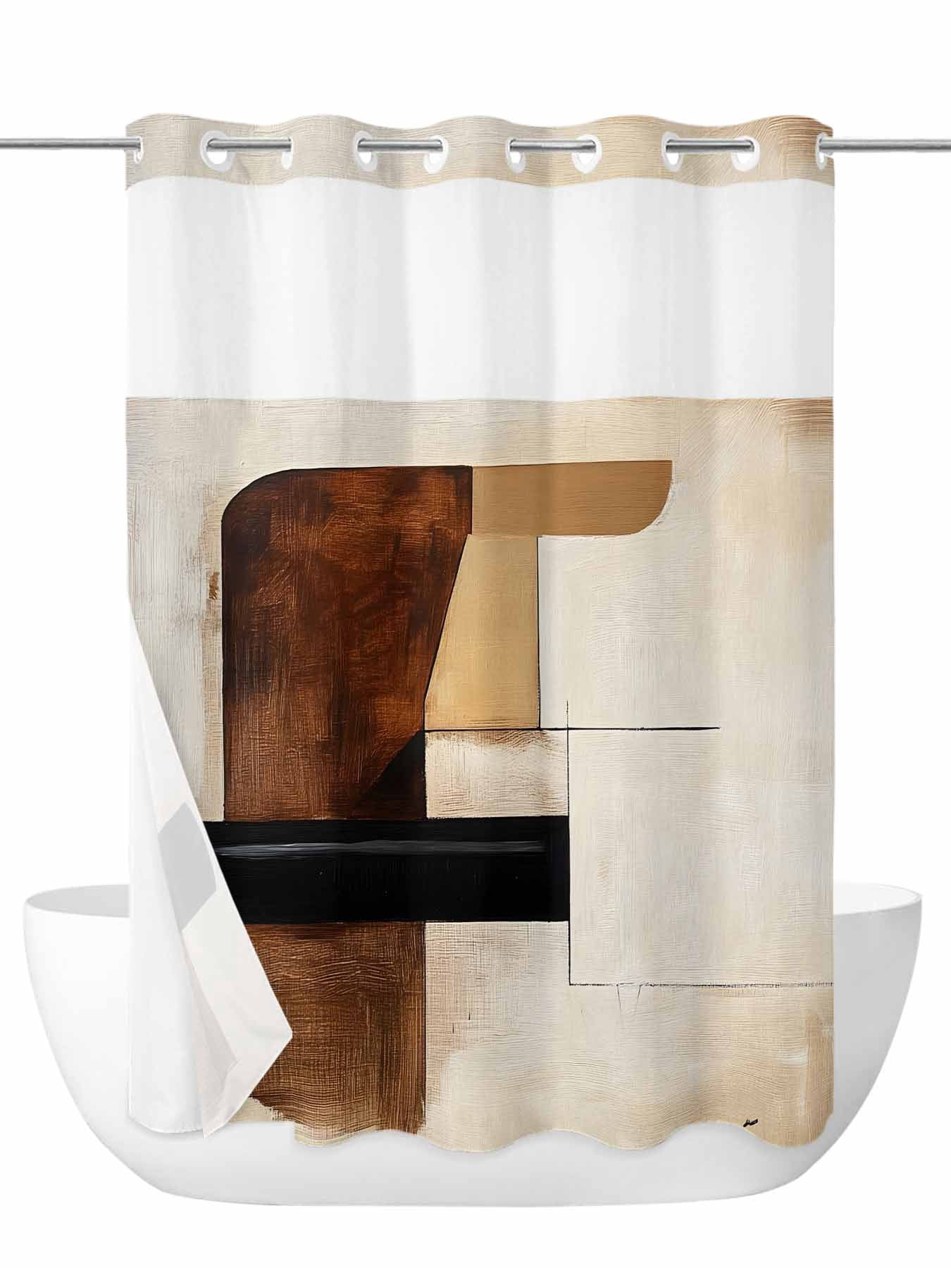 Abstract Brown No Hook Shower Curtain and Liner Set Geometric Color ...