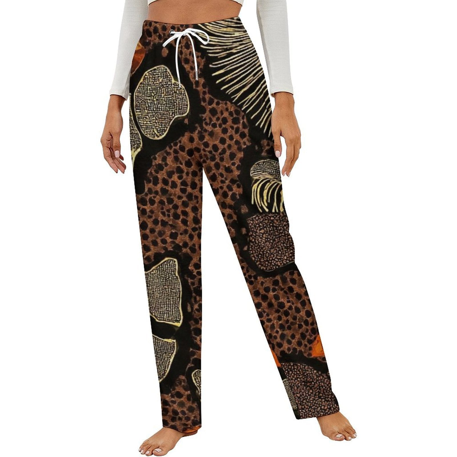 Abstract Brown Orange Patterned Textile Winter Female Pants Flannel ...