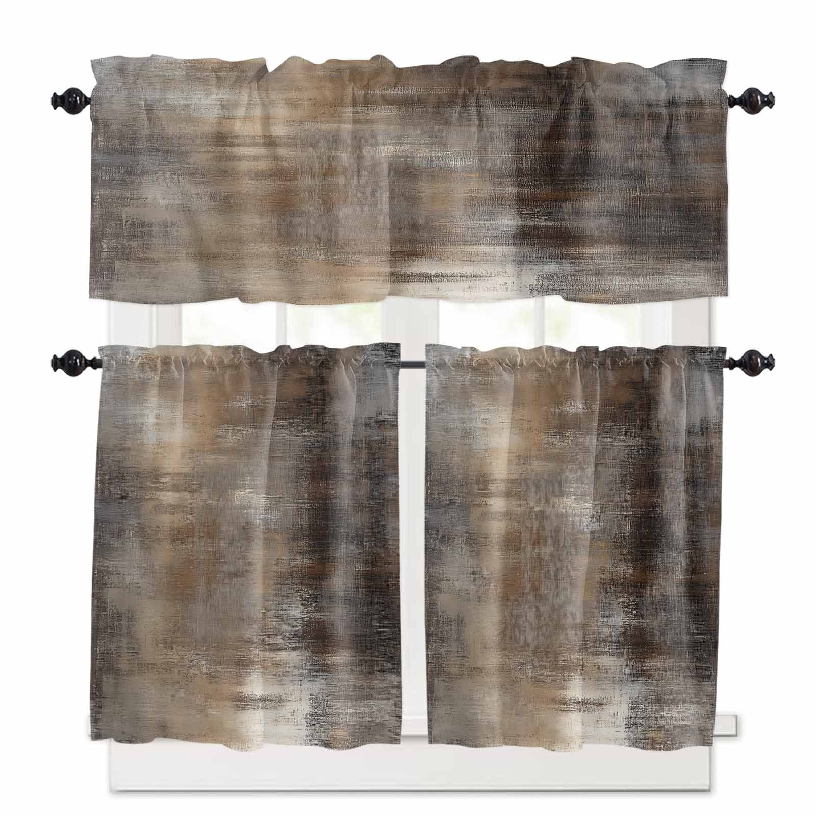 Abstract Brown Paint Kitchen Curtains and Valances Set, Vintage Wood ...