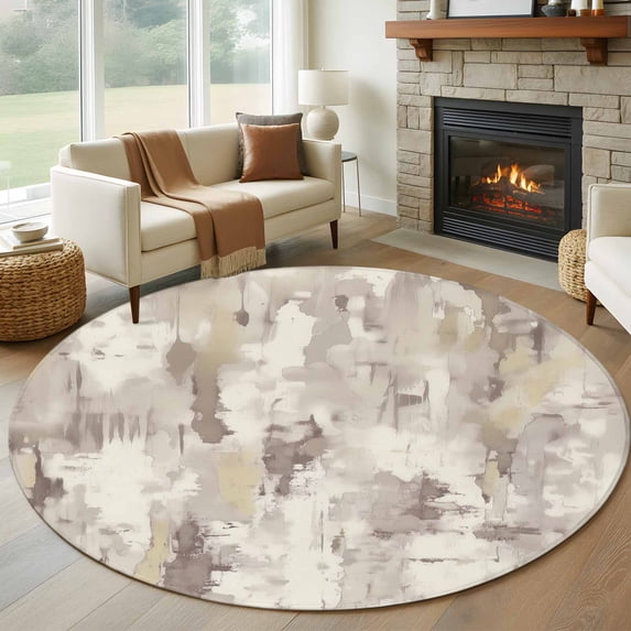 Abstract Brown Round Area Rug 6 FT, Non Slip Bedroom Rugs, Retro ...